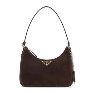 Prada Suede Shoulder Bag With Enamel Triangle Logo - Brown