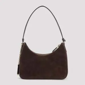 Prada Suede Shoulder Bag With Enamel Triangle Logo - Brown
