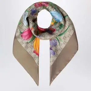 Gucci Silk Twill Carre With Gg Flora Print In Light Brown - Multicolor