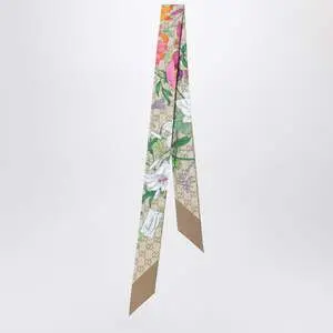Gucci Silk Ribbon With Gg Flora Print In Light Brown - Multicolor