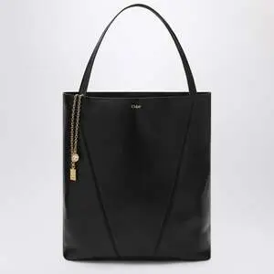 Chloé Black Grained Calfskin Leather Large Tote Bag With Logo Medallions - Blue