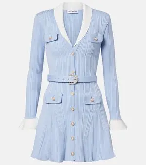 SELF-PORTRAIT Belted Ribbed-knit Minidress - Blue