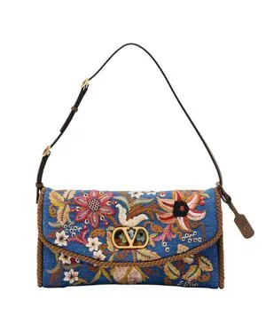 Valentino Garavani Small Embroidered Denim Shoulder Bag - Blue