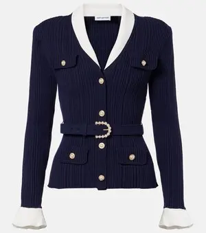 SELF-PORTRAIT Belted Ribbed-knit Cardigan - Blue