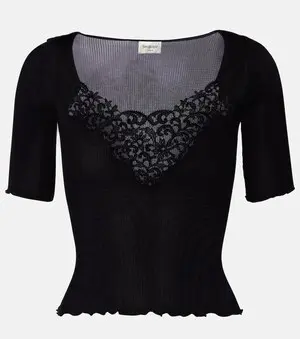 Saint Laurent Lace-trimmed Ribbed-knit Silk Camisole - Black
