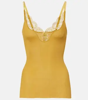 Saint Laurent Lace-trimmed Ribbed-knit Silk Camisole - Yellow