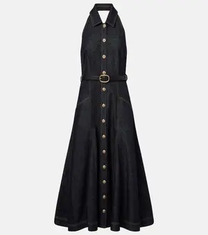 SELF-PORTRAIT Halterneck Denim Midi Dress - Blue