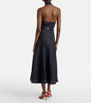SELF-PORTRAIT Halterneck Denim Midi Dress