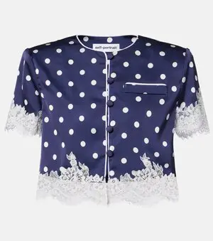 SELF-PORTRAIT Lace-trimmed Polka Dot Satin Crop Top - Blue