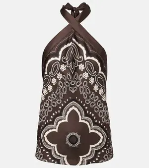 NILI LOTAN Solal Printed Halterneck Silk Top - Brown