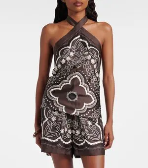 NILI LOTAN Solal Printed Halterneck Silk Top - Brown