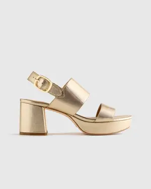 Quince Italian Leather Double Band Rings Block Heel Sandal - Gold