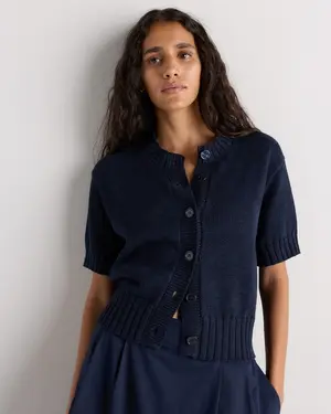 Quince Cotton Linen Short Sleeve Cardigan Sweater - Deep Navy