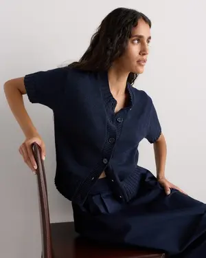 Quince Cotton Linen Short Sleeve Cardigan Sweater - Deep Navy