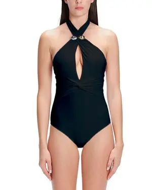MOEVA Rosamund Halterneck One Piece Swimsuit With Gold Hoop Detail - Black