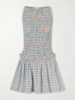 Faithfull The Brand Gala Shirred Checked Cotton-blend Mini Dress - Blue