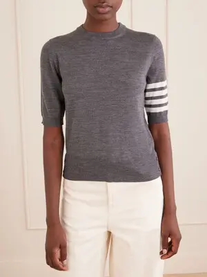 Thom Browne Grosgrain-trimmed Striped Wool-blend Sweater - Gray