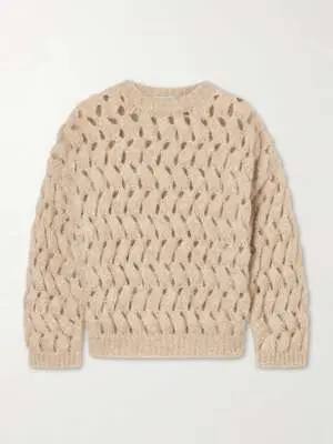 Brunello Cucinelli Sequin-embellished Open-knit Mohair-blend Sweater Beige