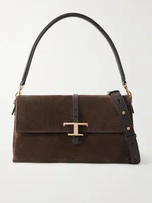 TOD'S Tracollina Mosch Small Leather-trimmed Suede Shoulder Bag - Brown