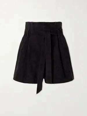 Galvan Livia Belted Pleated Suede Shorts