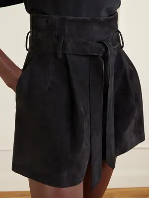 Galvan Livia Belted Pleated Suede Shorts