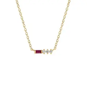 KIERA Ruby Baguette With Round Lab Grown Diamond Bar Pendant Necklace - Yellow