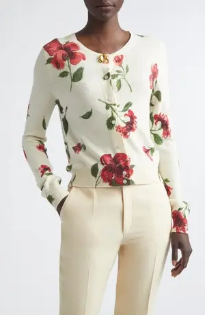 Oscar De La Renta Hibiscus Print Virgin Wool Cardigan