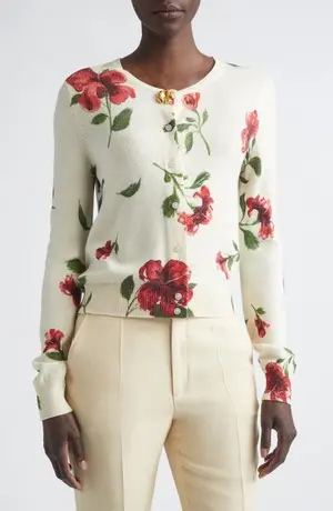 Oscar De La Renta Hibiscus Print Virgin Wool Cardigan