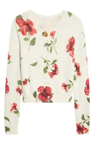 Oscar De La Renta Hibiscus Print Virgin Wool Cardigan