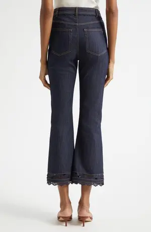 Cinq À Sept Cropped Flare Leg Jeans With Guipure Lace Trim