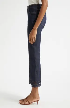Cinq À Sept Cropped Flare Leg Jeans With Guipure Lace Trim