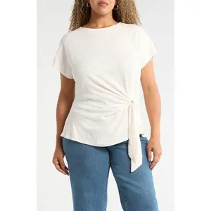 Caslon Drop Shoulder Tie Front Top - Ivory Pristine