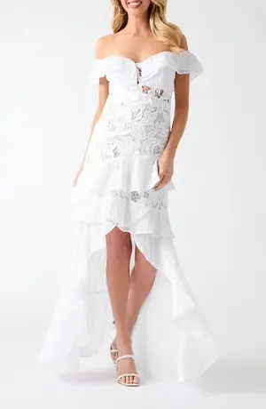 Guess Maya Lace Ruffle Off The Shoulder Maxi Dress