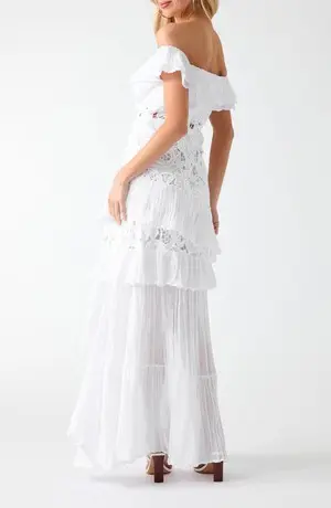 Guess Maya Lace Ruffle Off The Shoulder Maxi Dress