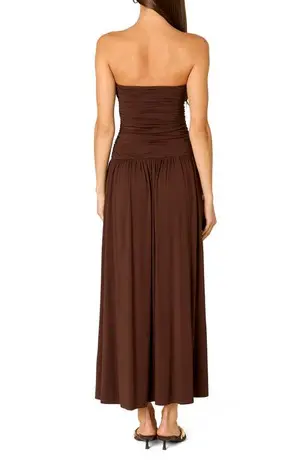 NIA Santal Ruched Strapless Midi Dress - Java