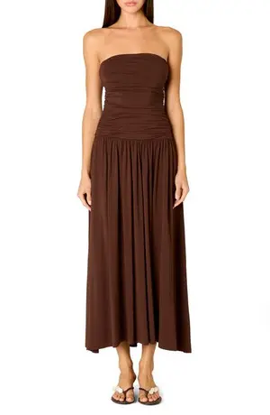 NIA Strapless Ruched Midi Dress - Java