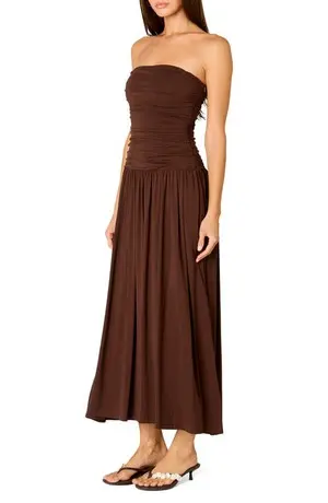 NIA Strapless Ruched Midi Dress - Java
