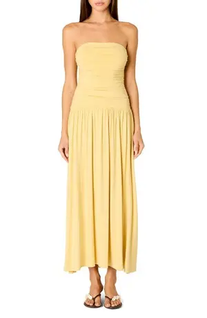 NIA Santal Ruched Strapless Midi Dress Maize