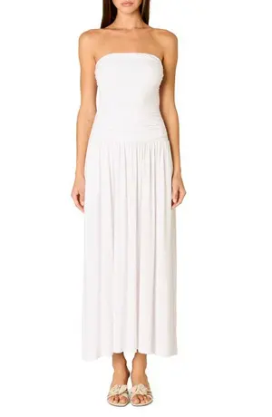 NIA Strapless Ruched Midi Dress - White