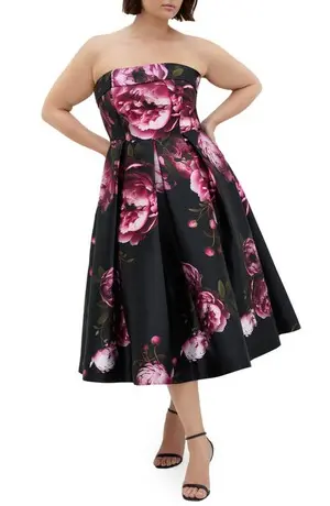 City Chic Strapless Floral Print Cocktail Dress - Multi Bloom