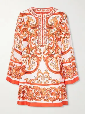 Dolce & Gabbana Pleated Printed Silk-twill Mini Dress