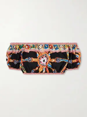 Dolce & Gabbana Carretto Off-the-shoulder Cropped Printed Cotton-poplin Top - Black