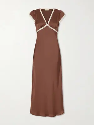 Faithfull The Brand Elvira Lace-trimmed Satin Midi Dress - Brown