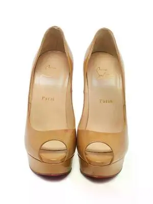 CHRISTIAN LOUBOUTIN Beige Patent Leather Peep Toe Platform Stiletto Sandals - Neutrals