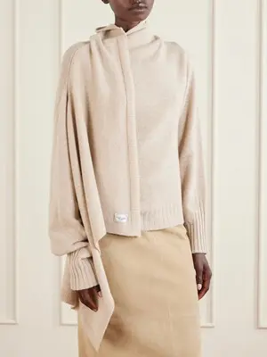 Attico Draped Virgin Wool Sweater With Scarf Detail - Neutrals