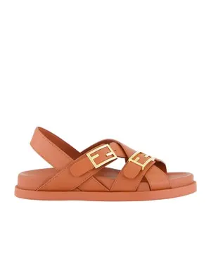 Fendi Leather Sandals With Ff Buckle - Brown