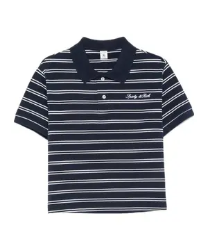 SPORTY  RICH Sporty & Rich Striped Short Sleeve Polo Shirt - White/blue