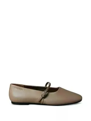 Calvin Klein Beige Leather Ballet Flats With Buckle Strap