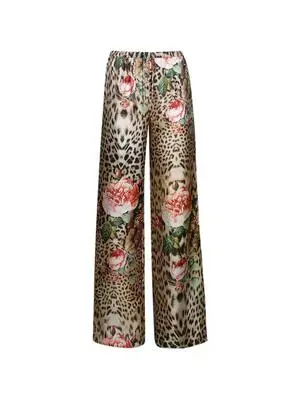 Roberto Cavalli Rose Jaguar-print Silk Trousers - Neutrals