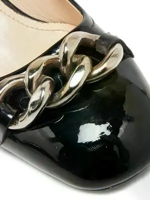 Prada Patent Leather Chain-embellished Square Toe Block Heel Pumps